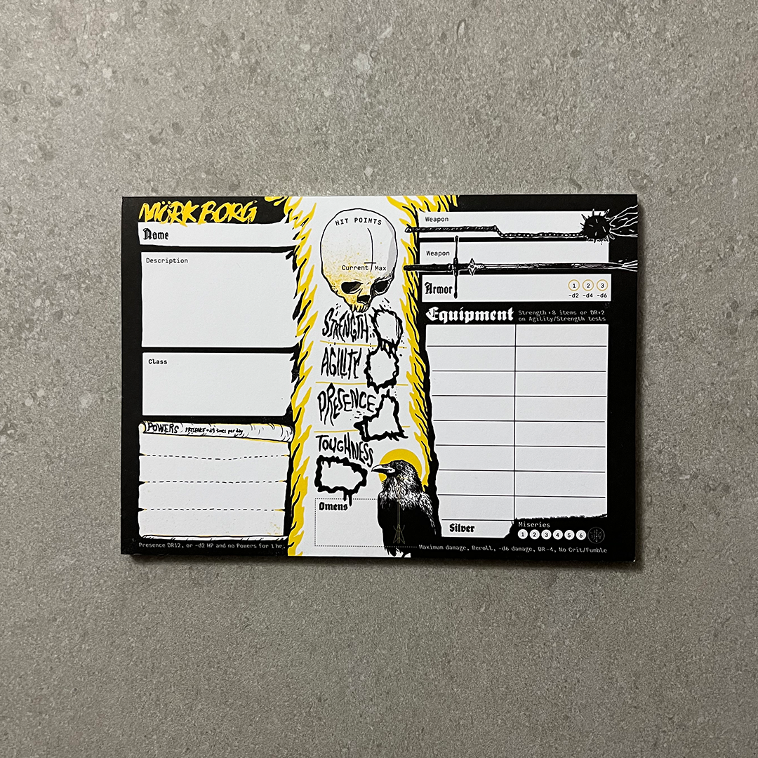Mork Borg Character Sheet Pad | Stockholm Kartell – PIT TRAP SHOP